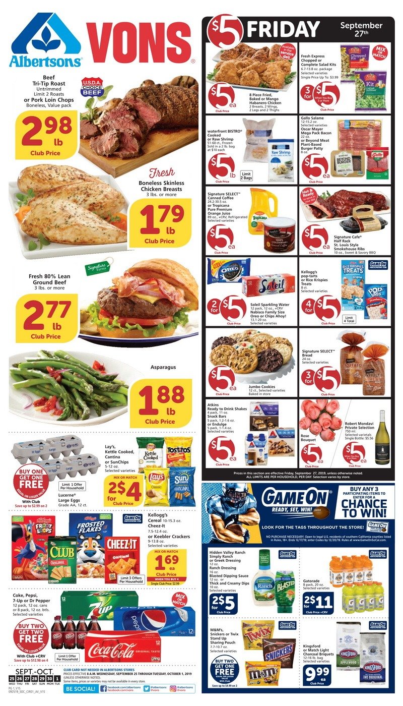 Vons Weekly Ad Sep 25 – Oct 01, 2019