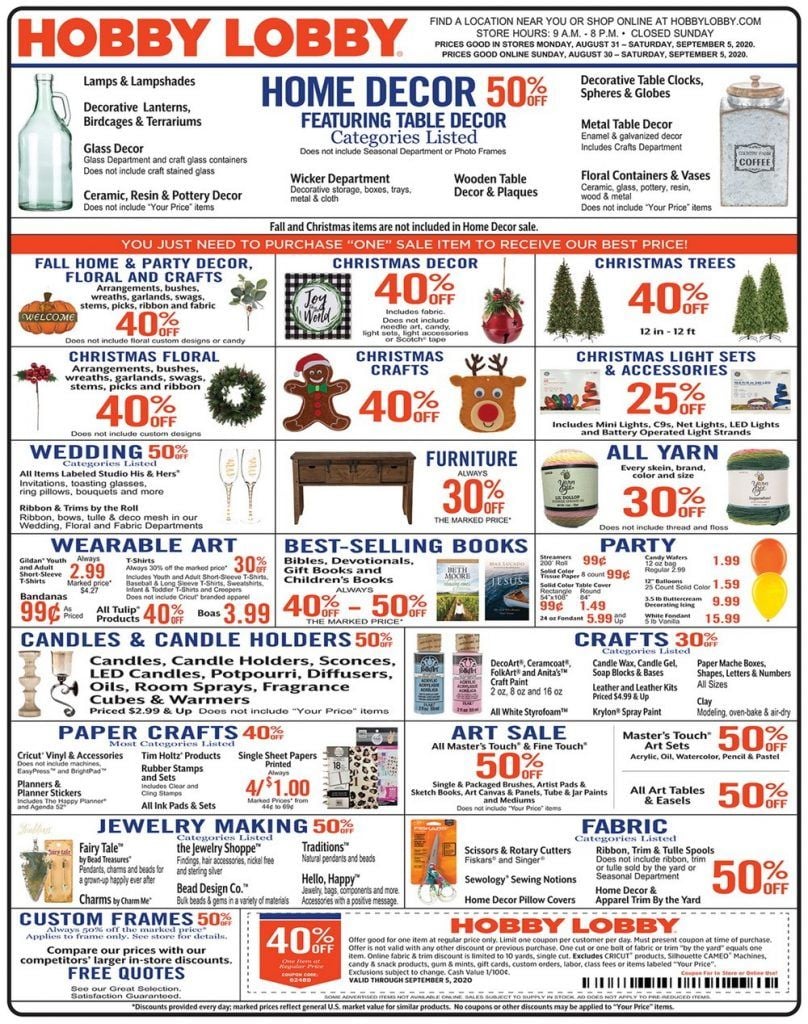 Hobby Lobby Weekly Ad Aug 30– Sep 05, 2020