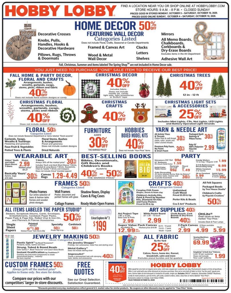 Hobby Lobby Weekly Ad Oct 04– Oct 10, 2020