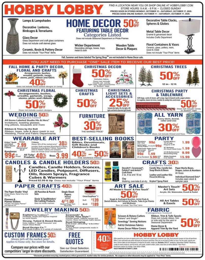 Hobby Lobby Weekly Ad Oct 11– Oct 17, 2020