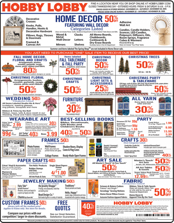 Hobby Lobby Weekly Ad Nov 22 – Nov 28, 2020