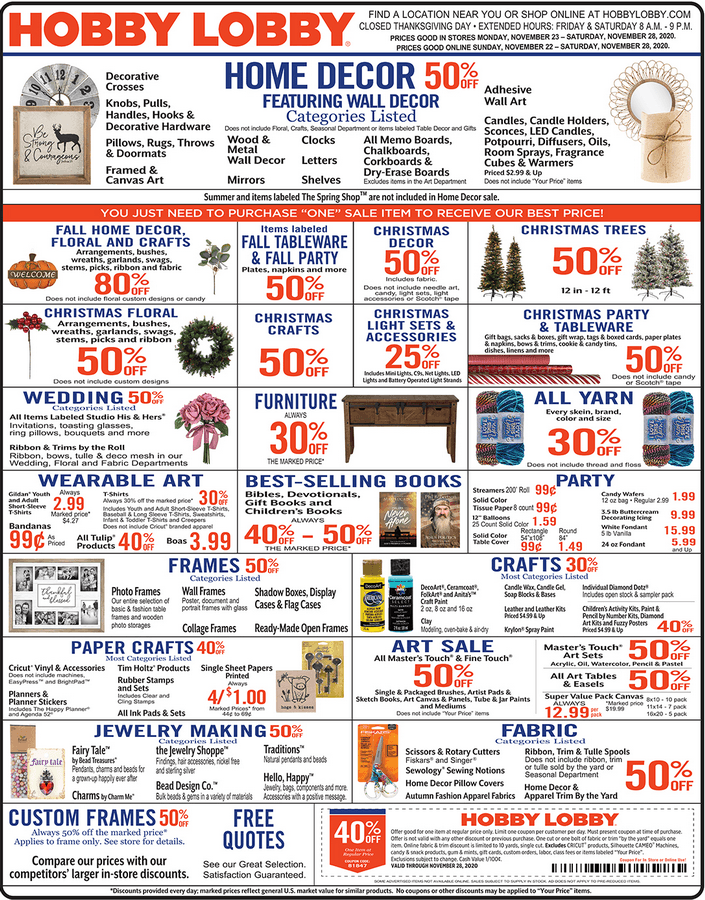 Hobby Lobby Weekly Ad Nov 22 – Nov 28, 2020