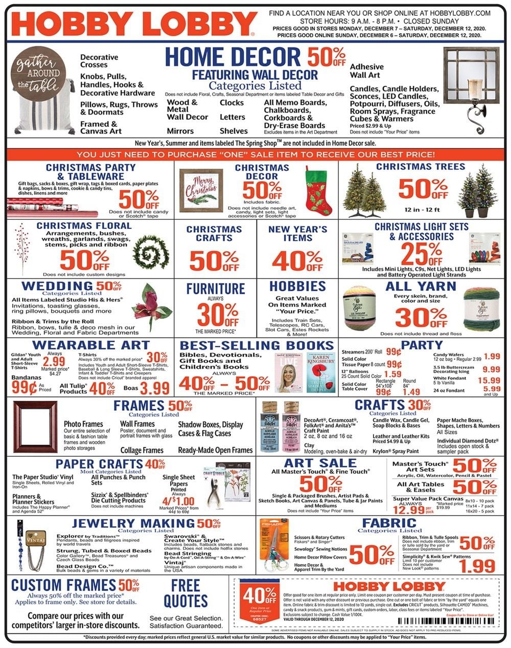 Hobby Lobby Weekly Ad Dec 06 – Dec 12, 2020