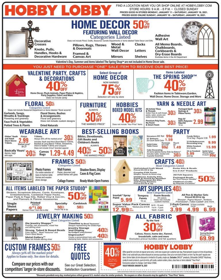 Hobby Lobby Weekly Ad Jan 10 – Jan 16, 2021