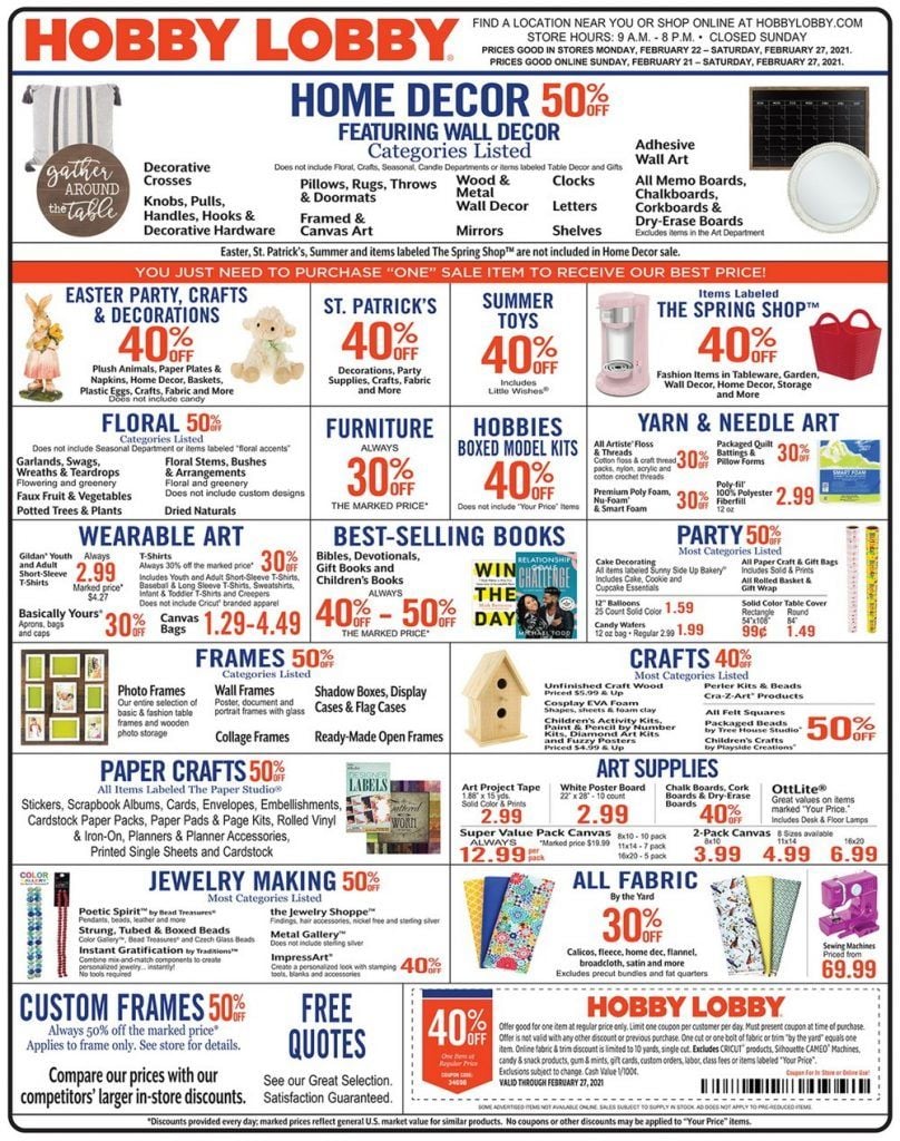Hobby Lobby Weekly Ad Feb 21 – Feb 27, 2021