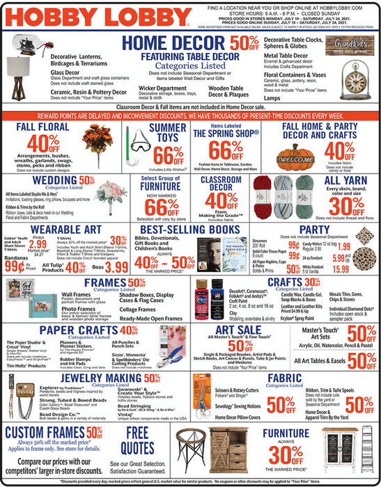 Hobby Lobby Weekly Ad July 18 – July 24, 2021