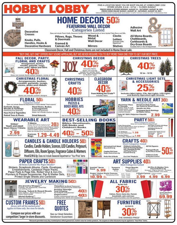 Hobby Lobby Weekly Ad Aug 22 – Aug 28, 2021