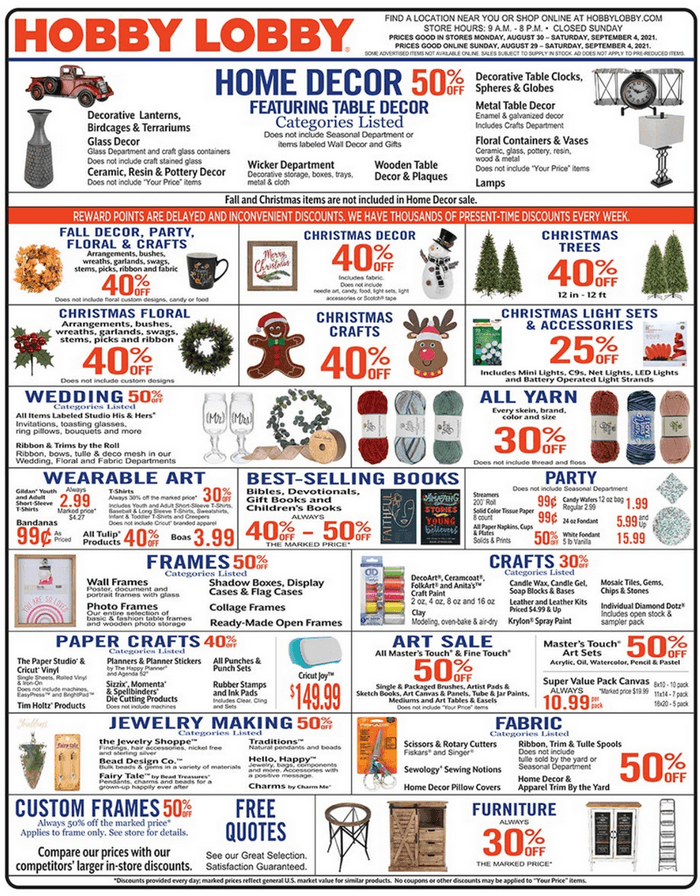 Hobby Lobby Weekly Ad Aug 29 – Sep 04, 2021