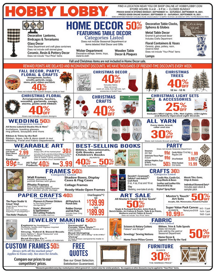 Hobby Lobby Weekly Ad Sep 12 – Sep 18, 2021