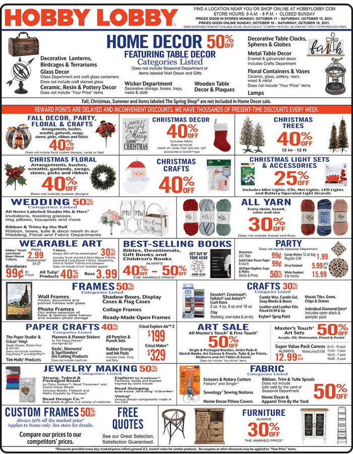Hobby Lobby Weekly Ad Oct 10 – Oct 16, 2021
