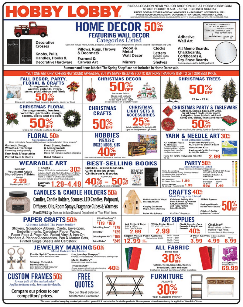 Hobby Lobby Weekly Ad Oct 31 – Nov 06, 2021