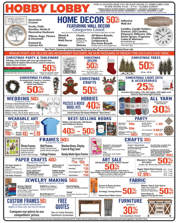 Hobby Lobby Weekly Ad Dec 06– Nov 11, 2021