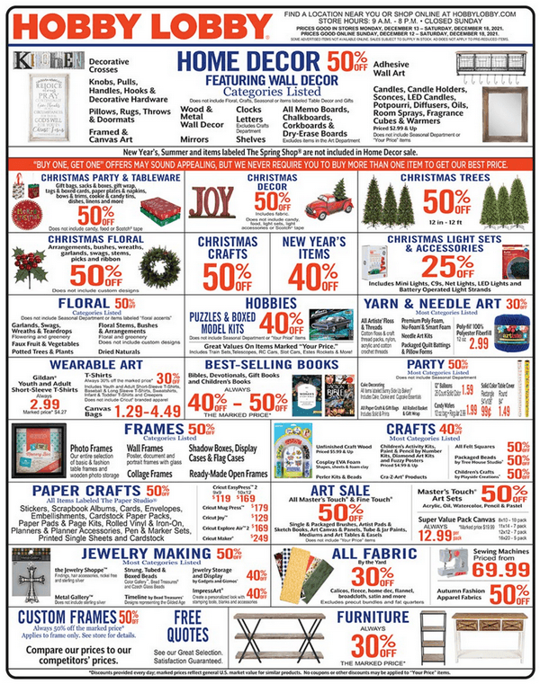 Hobby Lobby Weekly Ad Dec 12 – Dec 18, 2021