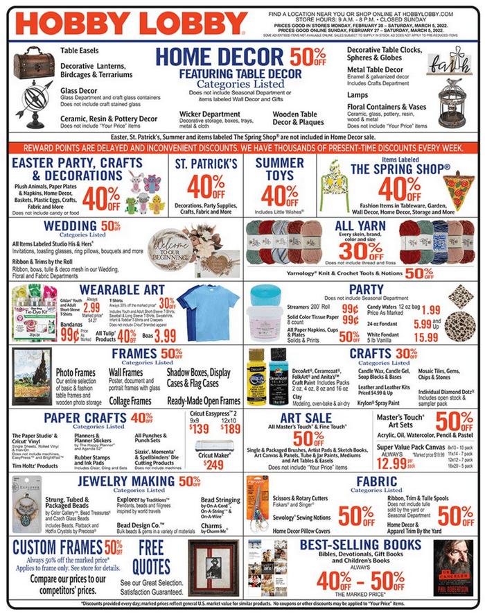 Hobby Lobby Weekly Ad Feb 27 – Mar 05, 2022