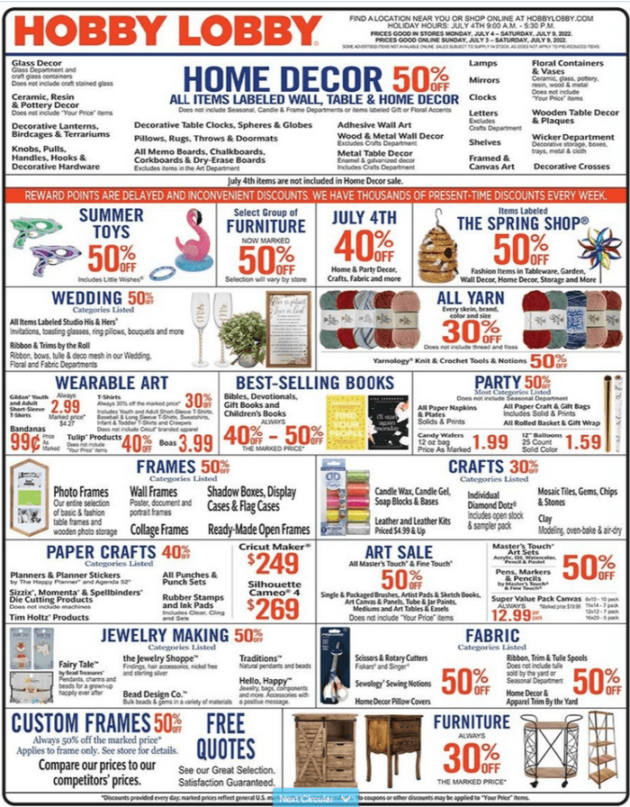 Hobby Lobby Weekly Ad Jul 04 – Jul 09, 2022