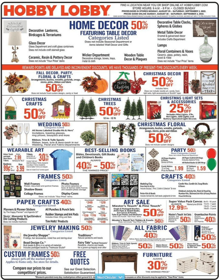 Hobby Lobby Weekly Ad Aug 28 – Sep 03, 2022