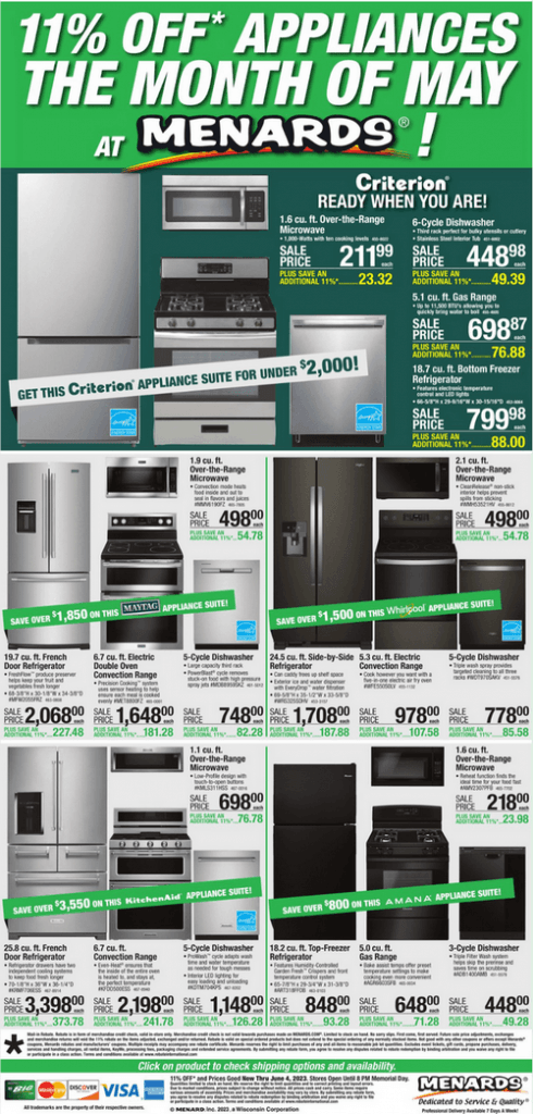 Menards Appliance Event May 24 – Jun 04, 2023