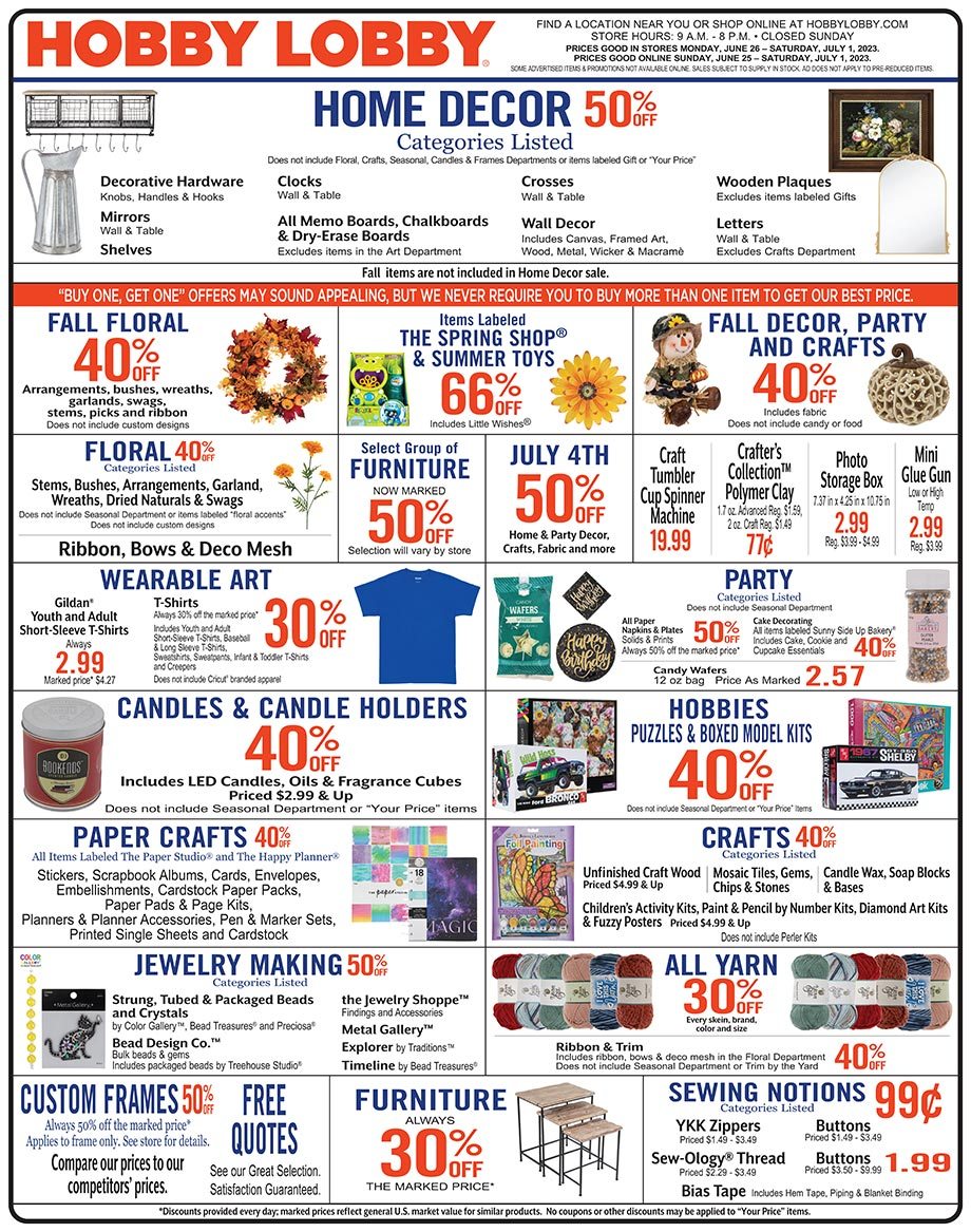 Hobby Lobby Weekly Ad June 26 – July 01, 2023