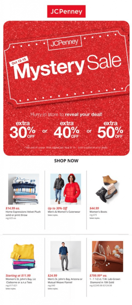 JCPenney Mystery Sale Oct 12 – Oct 15, 2023
