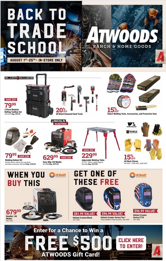 Atwoods Back to Trade School Sale Aug 01 – Aug 25, 2024