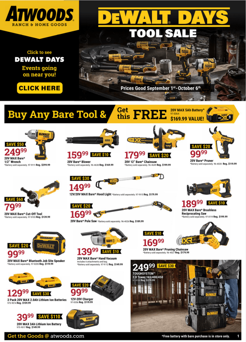 Atwoods DeWalt Days Tool Sale Oct 01 – Oct 06, 2024