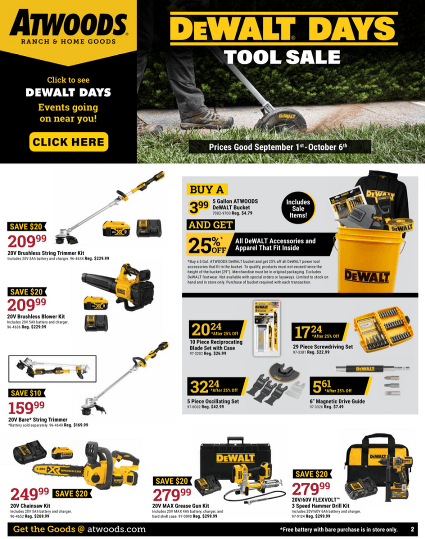 Atwoods DeWalt Days Tool Sale Oct 01 – Oct 06, 2024