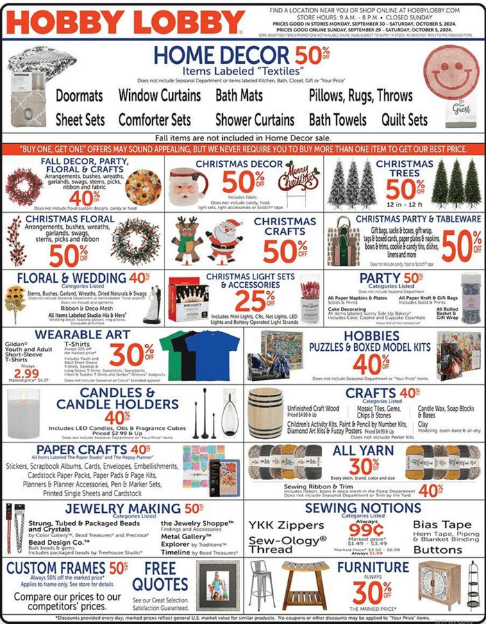 Hobby Lobby Weekly Ad Sep 29 – Oct 05, 2024