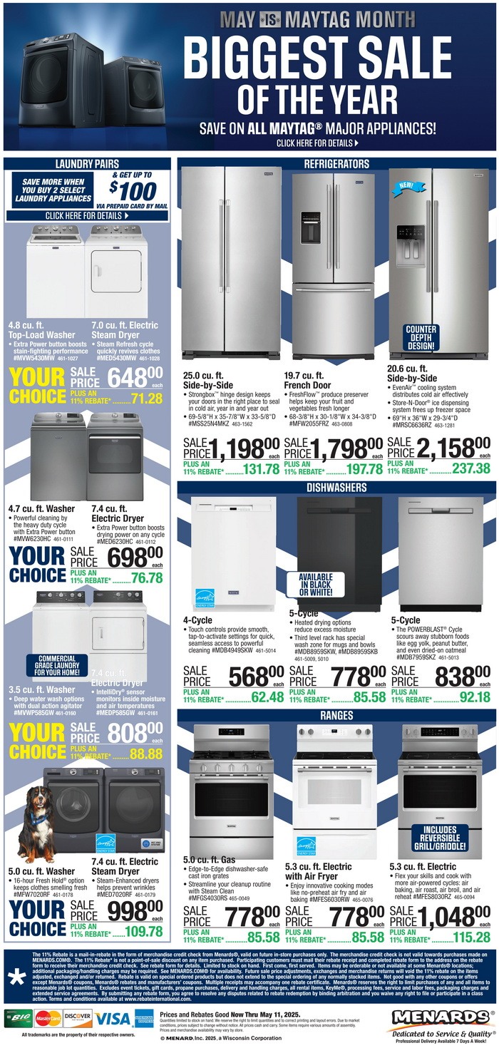 Menards Appliance Event May 01 – May 11, 2025
