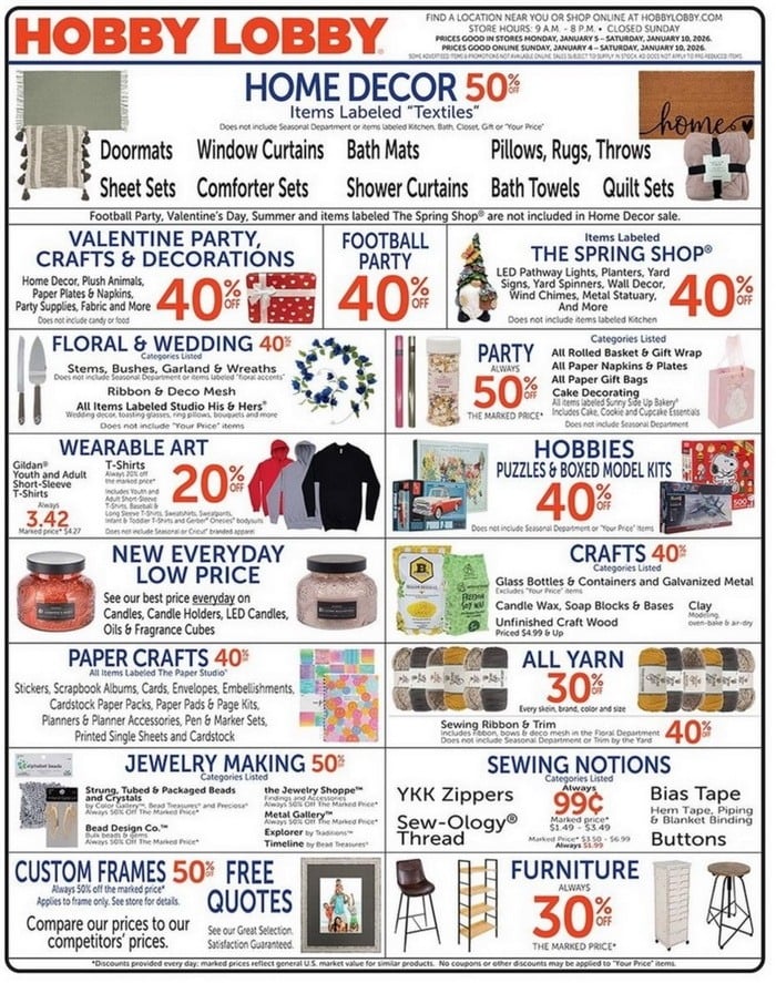 Hobby Lobby Weekly Ad Jan 04 – Jan 10, 2026